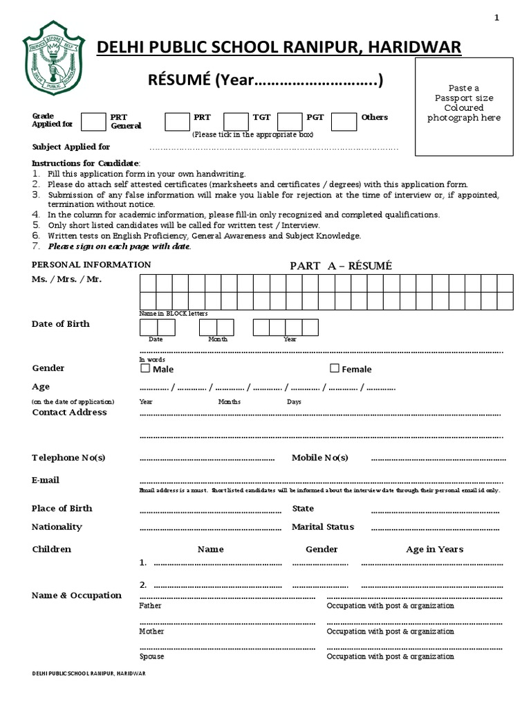 DPS Ranipur Haridwar Teacher Application | PDF