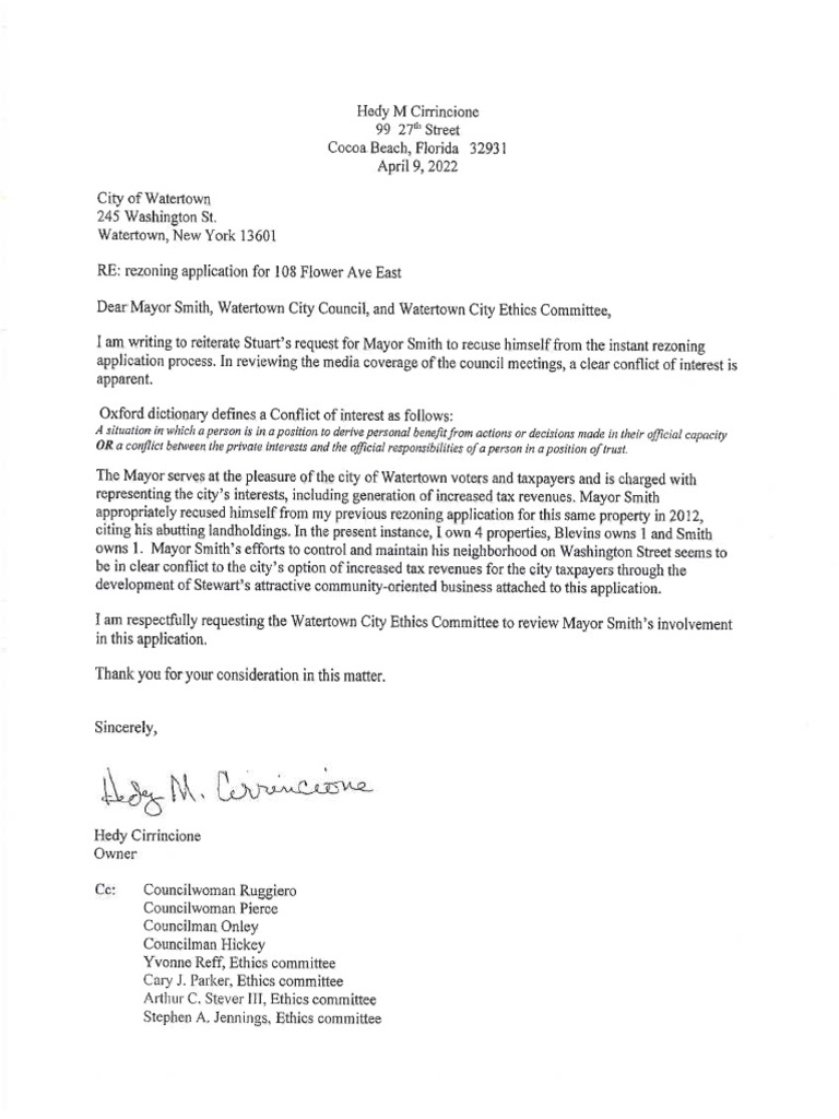Cirrincione Letter On Watertown City Council | PDF
