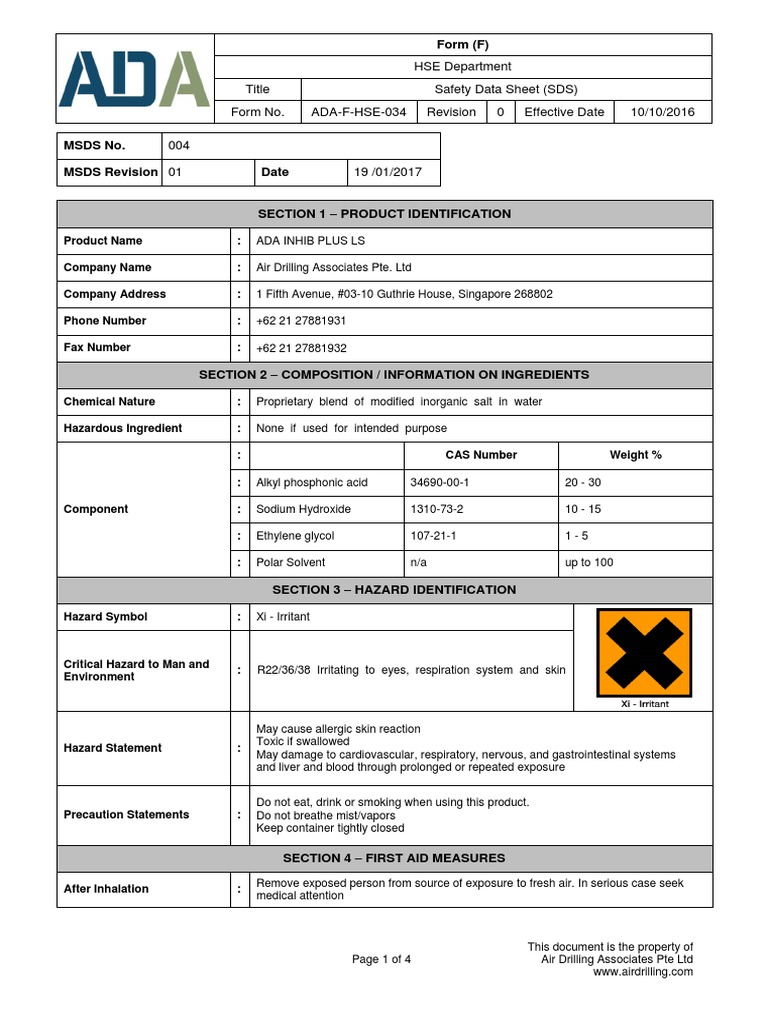 Safety Data Sheet for ADA INHIB PLUS LS Corrosion Inhibitor | PDF ...