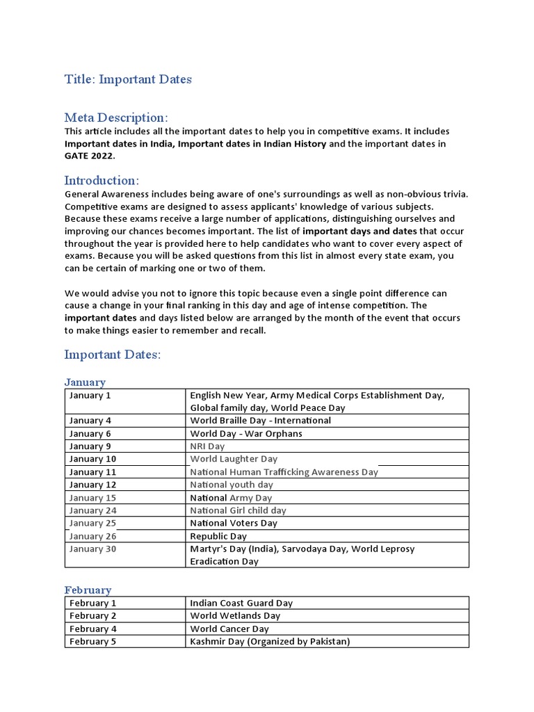 Title: Important Dates Meta Description | PDF | United Nations ...
