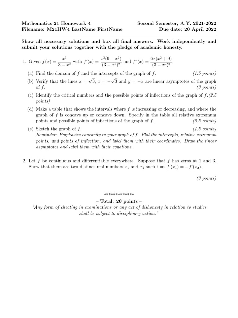 Math 21 Homework 4 | PDF