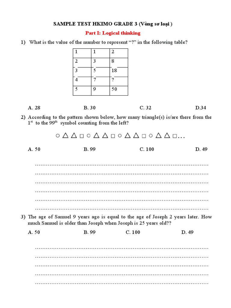 Sample Test Hkimo Grade 3 (Vòng Sơ Lo I) : Part I: Logical Thinking ...
