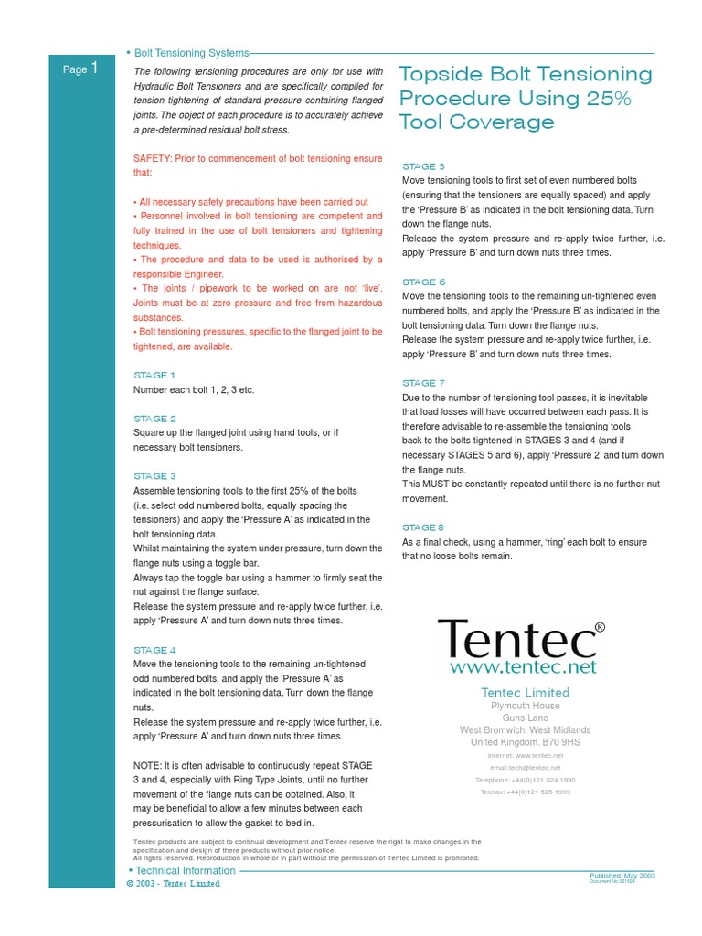 Topside Bolt Tensioning Procedure Using 25% Tool Coverage | PDF | Nut ...