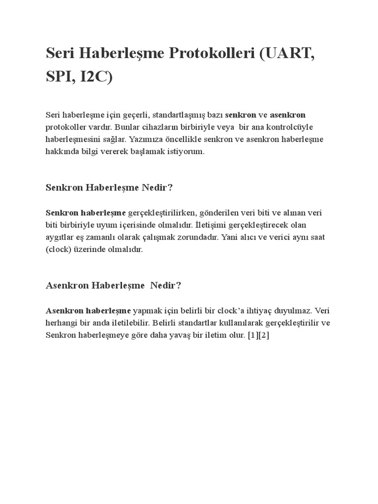 Seri Haberleşme Protokolleri (UART, SPI, I2C) | PDF