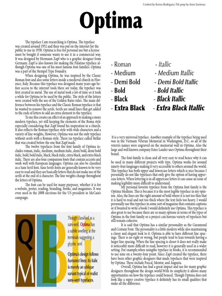 Optima Spec Sheet | PDF | Typefaces | Serif