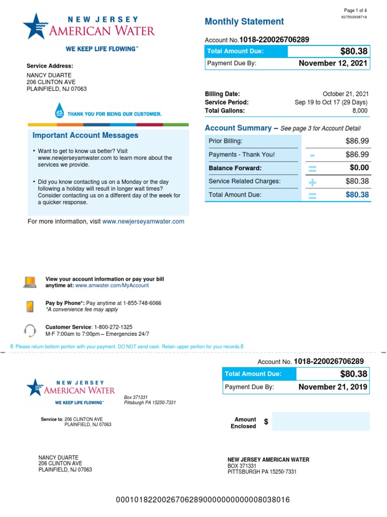 NJ American Water Bill Statement | PDF | Fee | Economies