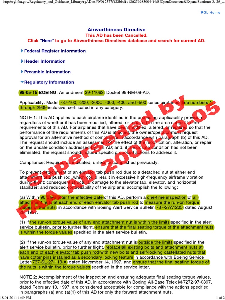FAA - AD - 737 - AIR - 1999-05-15 - Elevator Tab Push Rod Sup'd by 200 | PDF