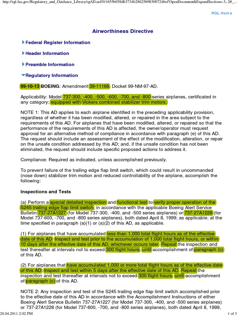 FAA - AD - 737 - AIR - 1999-10-13 - TE Flap Limit Switch | PDF