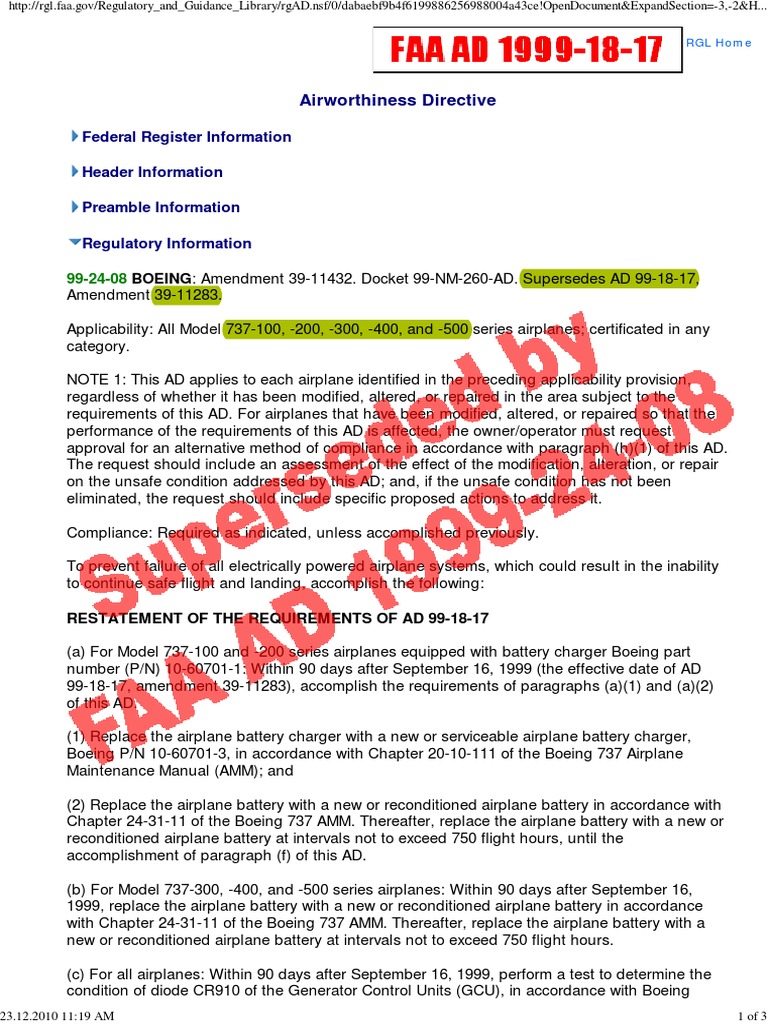 FAA - AD - 737 - AIR - 1999-18-17 - Electrically Powered Airplane Syst ...