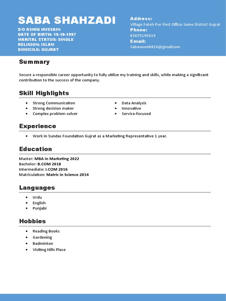 Saba Shahzadi CV | PDF