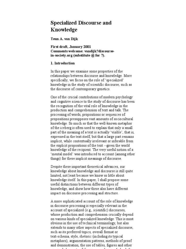 Dijk Specialized Discourse And Knowledge Draft Pdf Epistemology