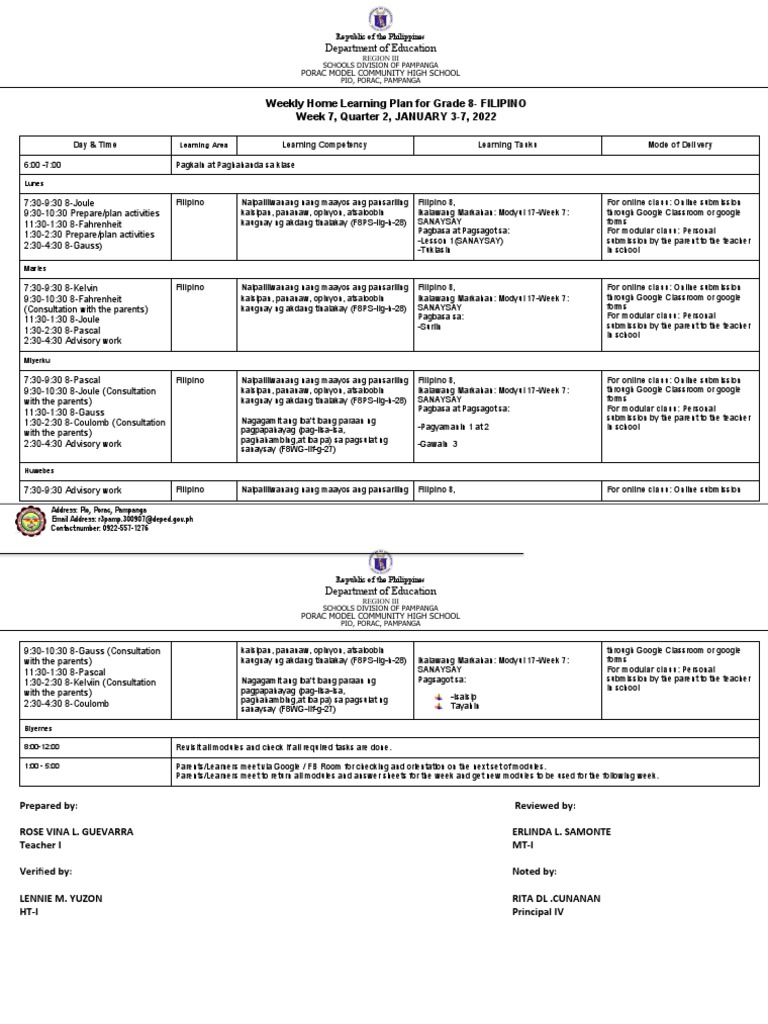 Weekly Home Learning Plan For Grade 8-FILIPINO Week 7, Quarter 2, JANUARY 3-7, 2022 | PDF ...