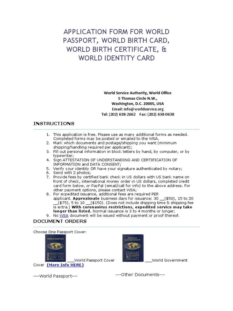 Application Form For World Passport, World Birth Card, World Birth ...