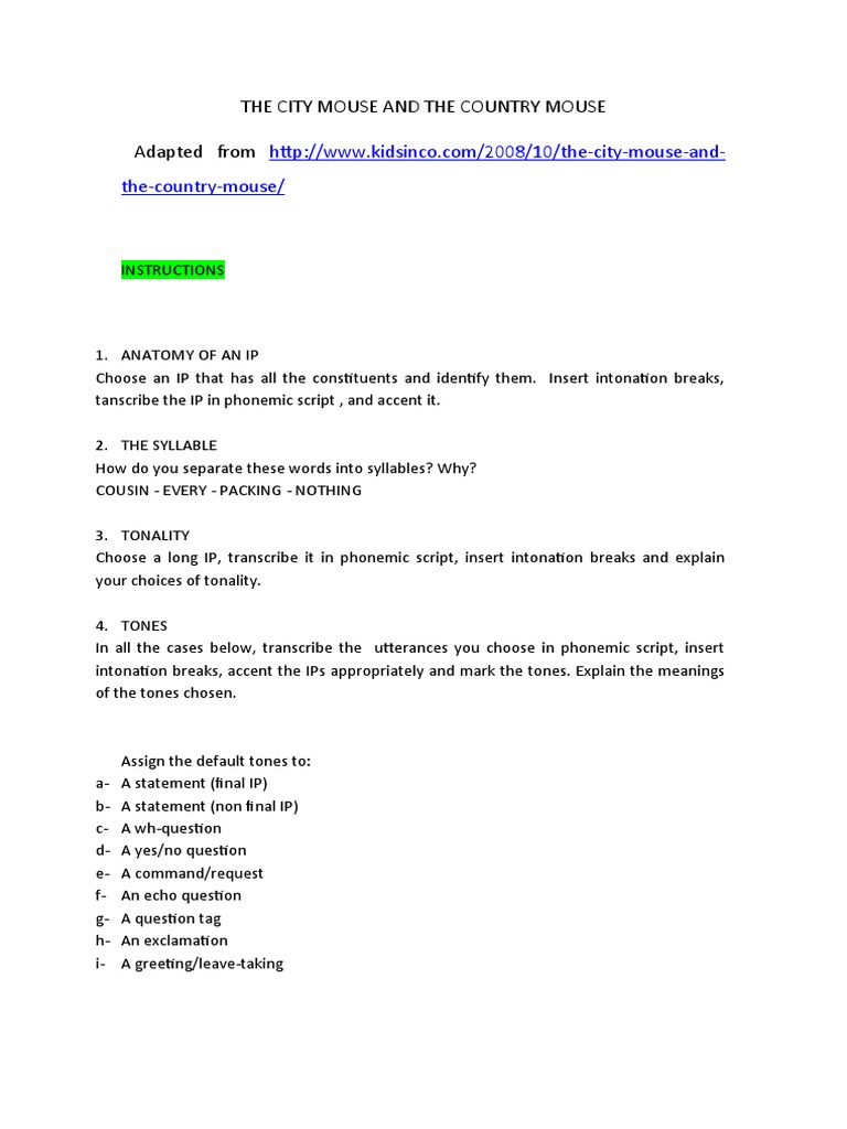 FINAL PRACTICAL - The Country Mouse and The City Mouse | PDF | Tone ...
