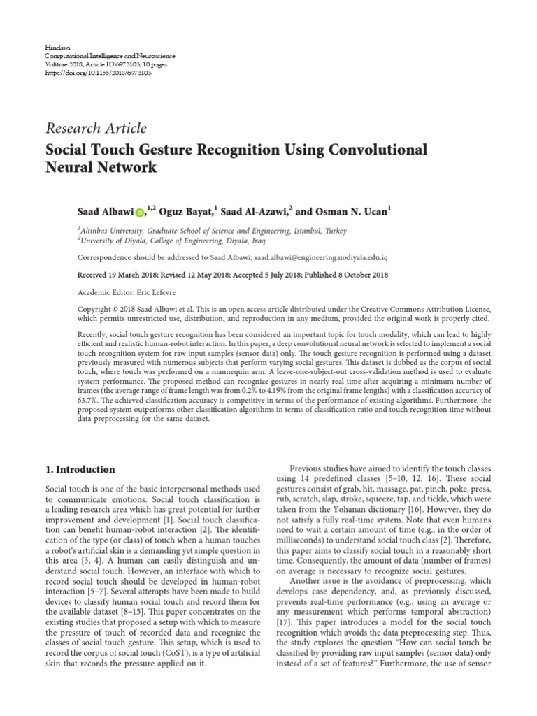 Research Article: Social Touch Gesture Recognition Using Convolutional Neural Network | PDF ...