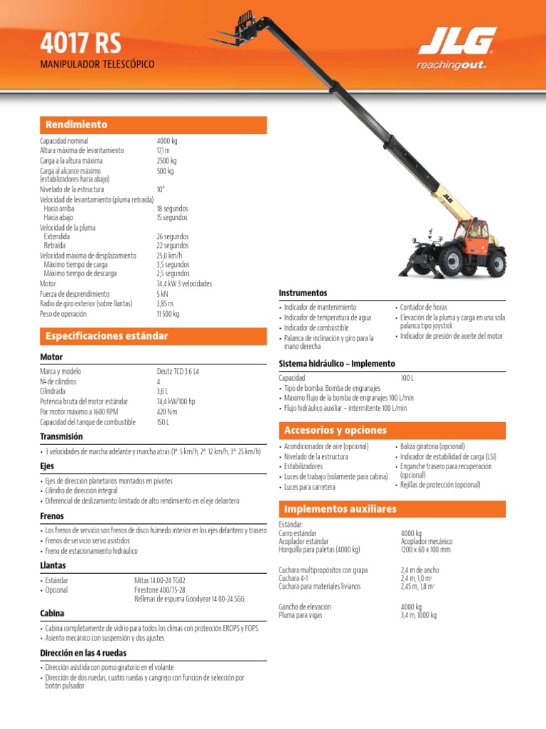 JLG 4017RS Telehandler Spec Sheet ColSp PDF | PDF