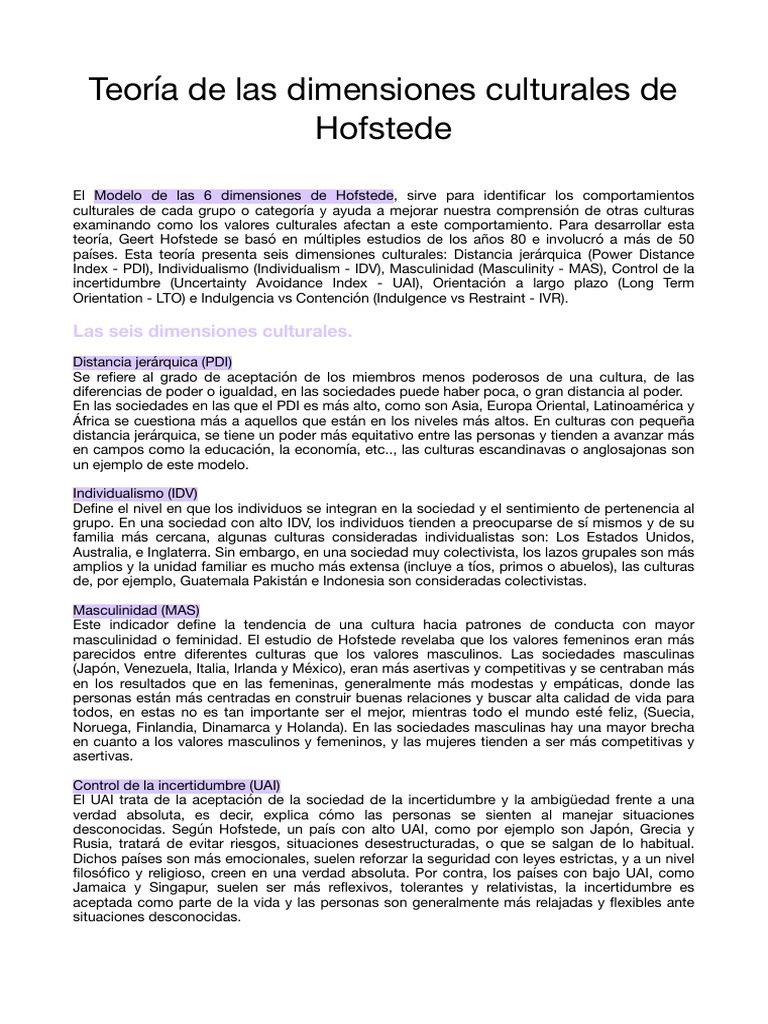Teoría de Las Dimensiones Culturales de Hofstede | PDF | Sicología