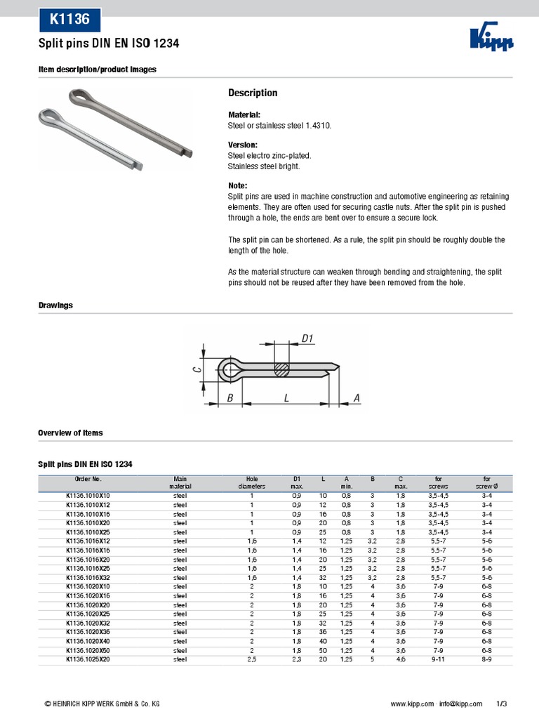 Split Pins DIN EN ISO 1234: Description | PDF | Materials | Metalworking