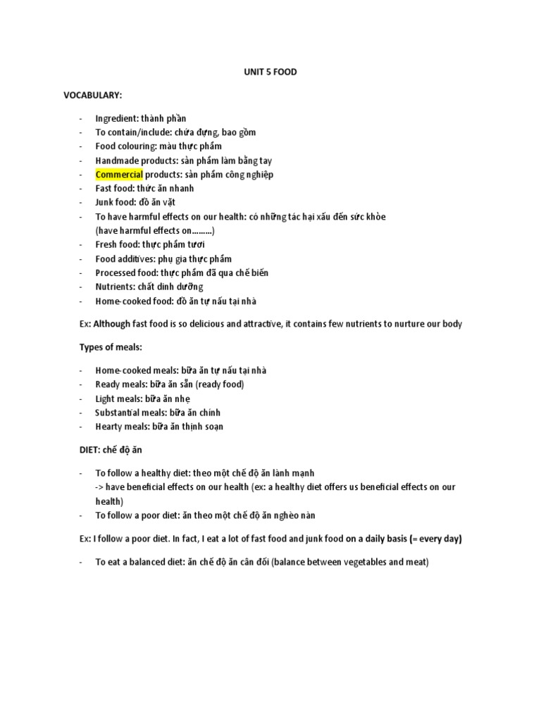 UNIT 5 FOOD - BÀI GIẢNG TRÊN LỚP - gửi học viên | PDF