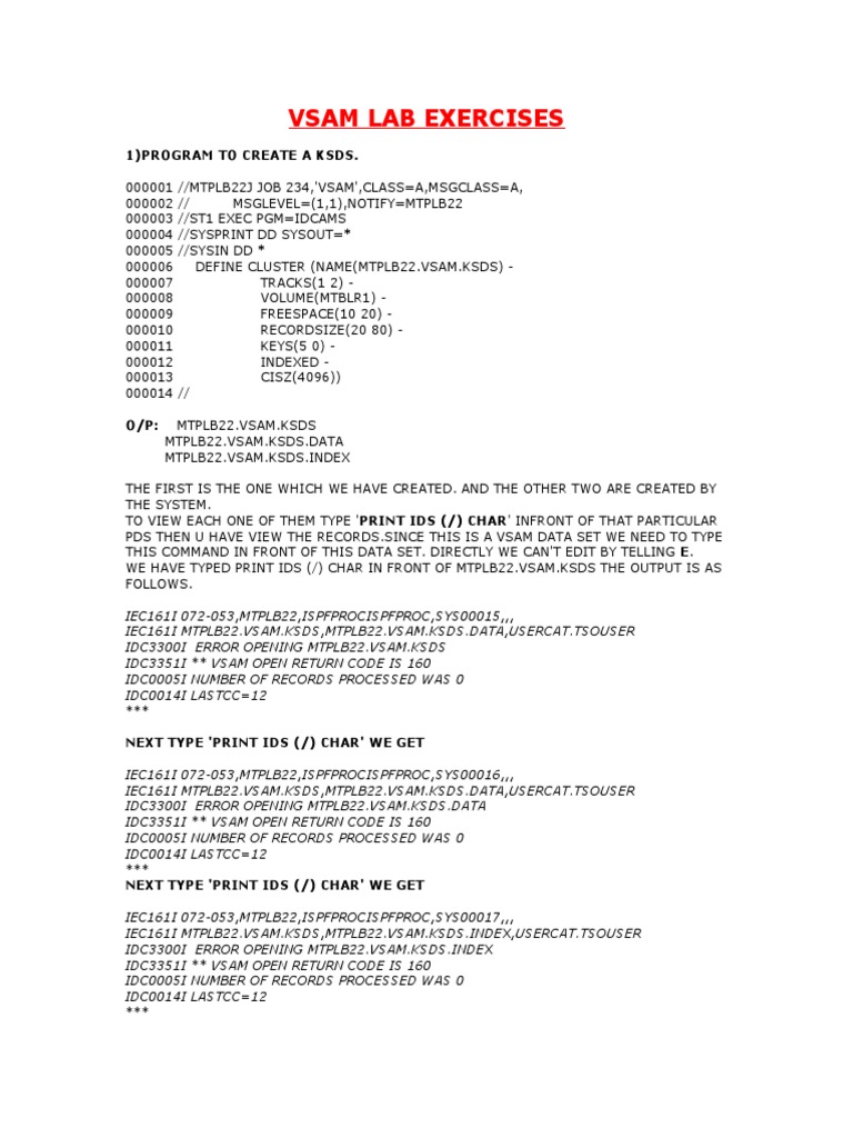 Vsam Lab Exercises: 1) Program To Create A Ksds | PDF | Operating System Technology | Computer File