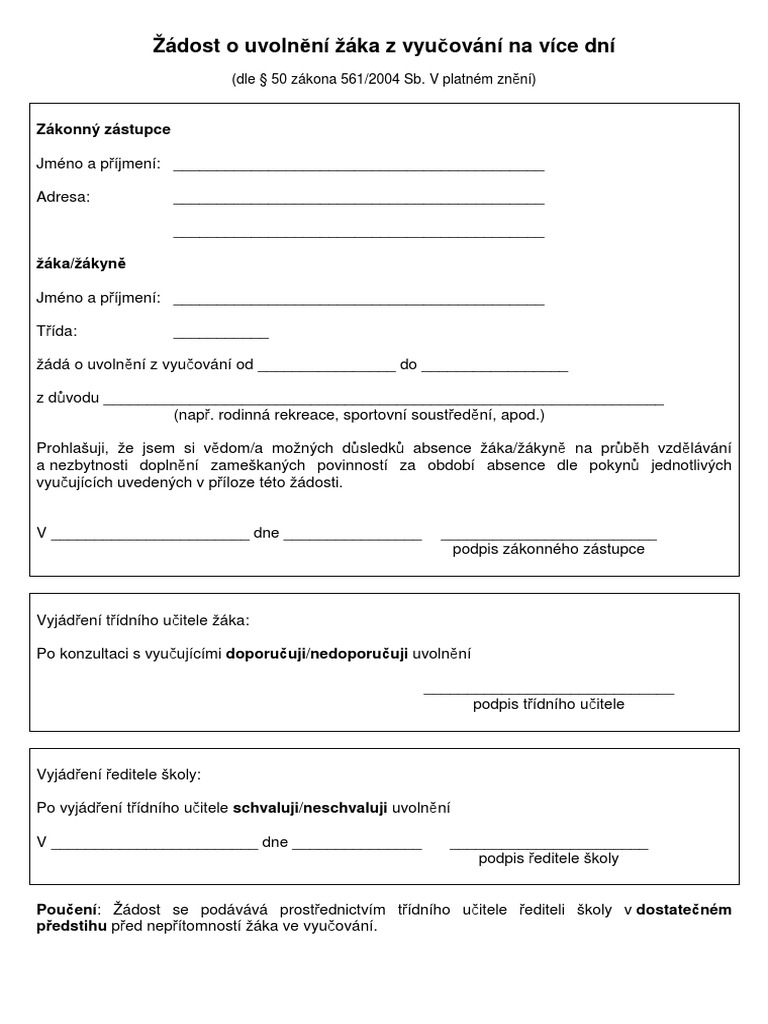 Zadost o Uvolneni Zaka Z Vyucovani Na Vice Dni | PDF