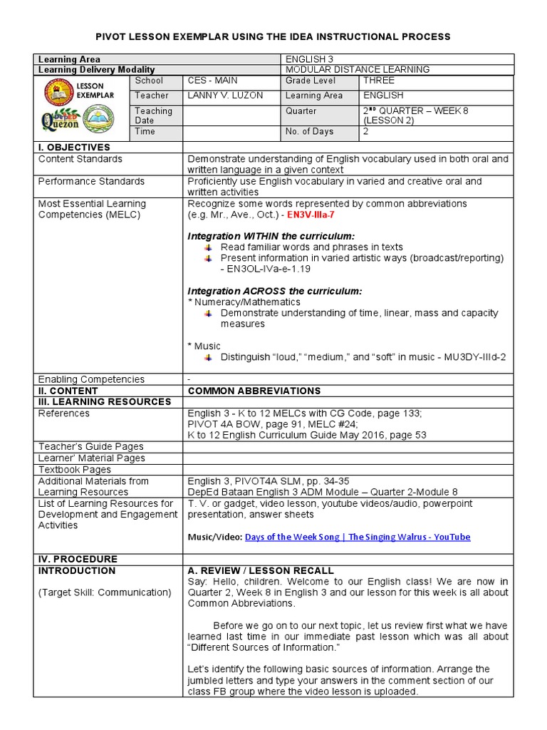 PIVOT 4A Lesson Exemplar in English 3-Quarter 2-Week 8 | PDF | English ...