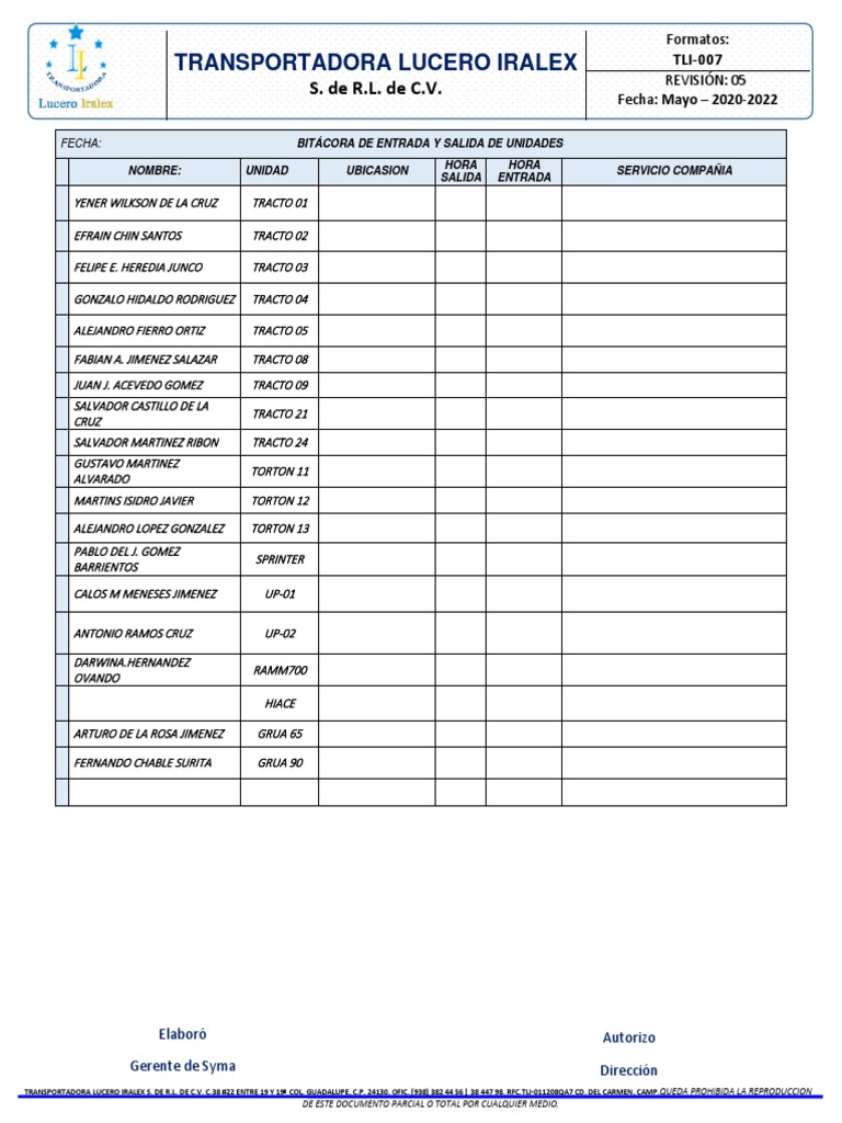 2.8 Formato Bitacora de Entrada y Salida de Unidades | PDF