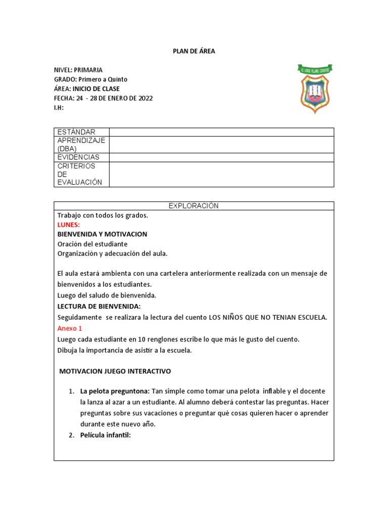 Plan de Aula Inicio de Clase | PDF | Salón de clases | Aprendizaje