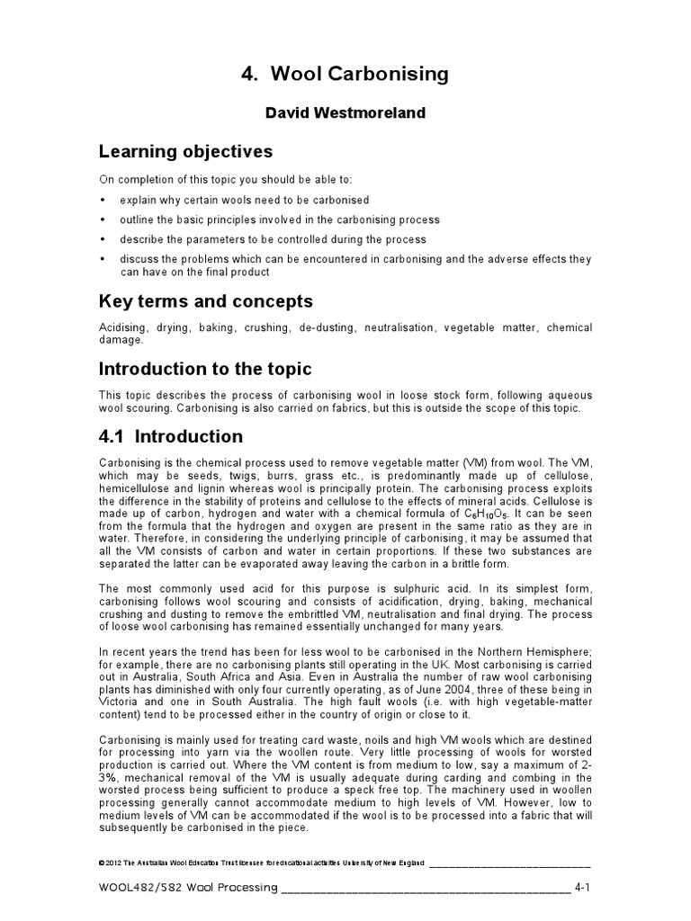 Wool Carbonising: Learning Objectives | PDF | Worsted | Wool