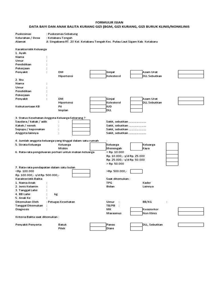 Form W1 Dan Laporan Gizi Buruk Puskesmas Sebatung | PDF