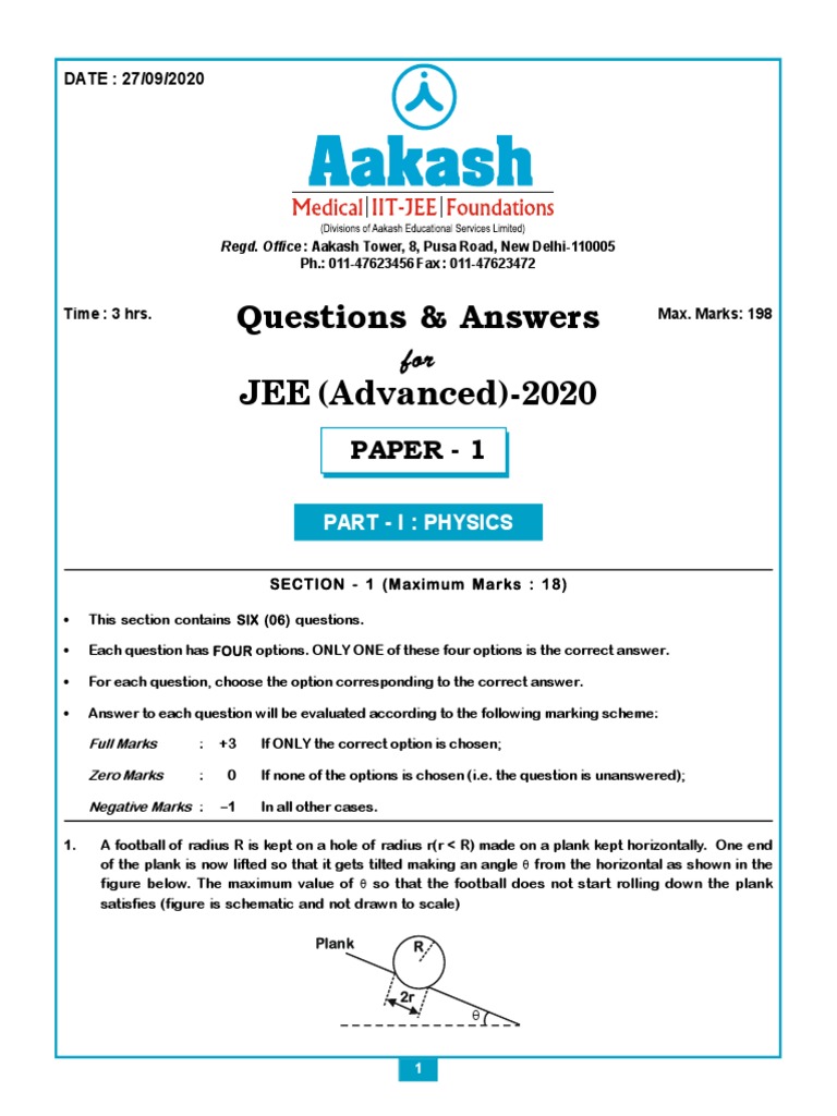 Questions & Answers - JEE (Adv) - 2020 - Paper-1 - 1 | PDF | Gases | Light