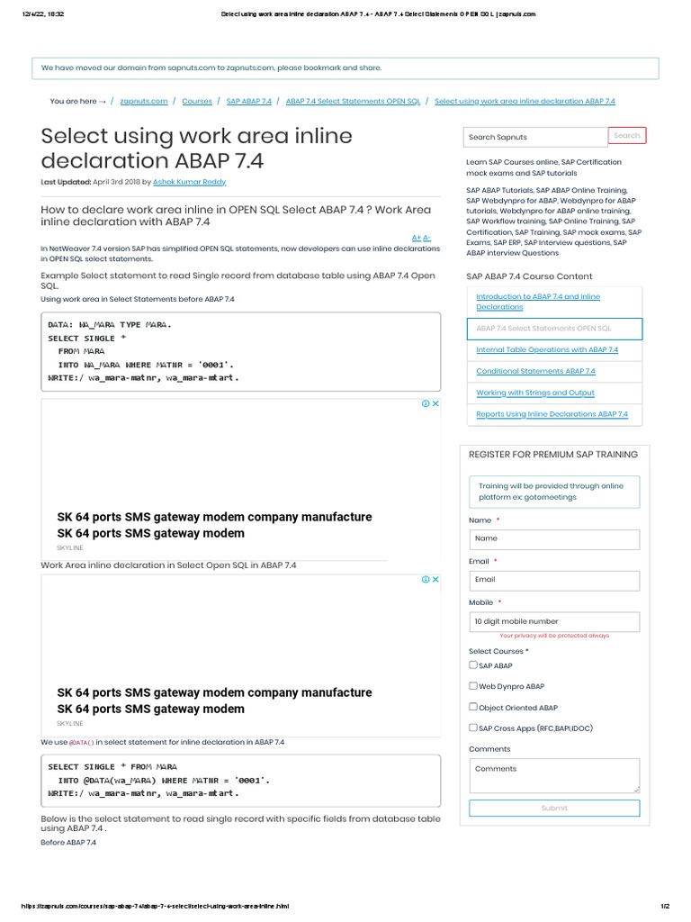 Select Using Work Area Inline Declaration ABAP 7.4 | PDF | Computer Science | Cyberspace