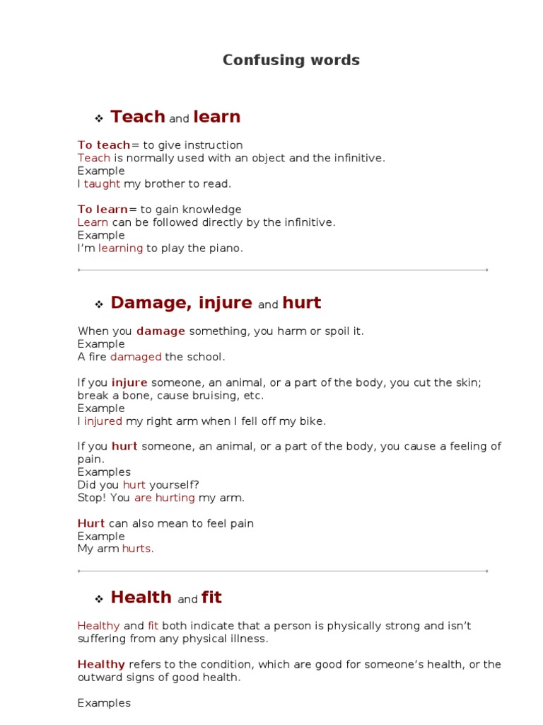 Teach Learn: Confusing Words | PDF | Verb | Adjective