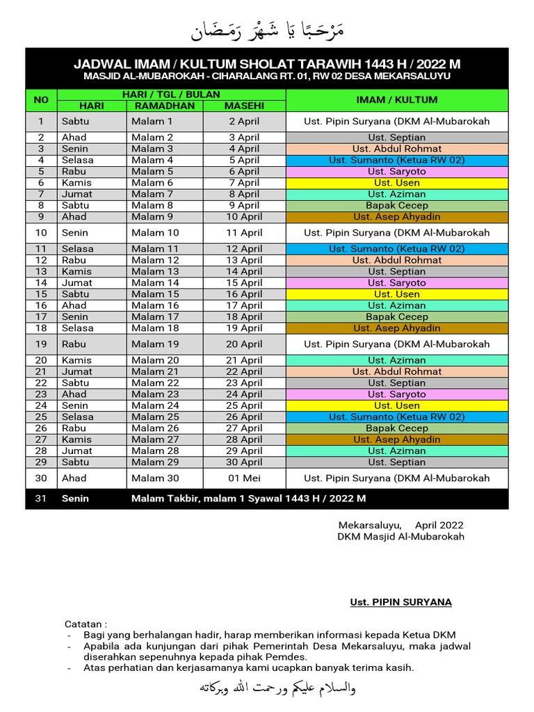 JADWAL IMAM SHOLAT TARAWIH 1443 H - Puasa Hari Minggu | PDF
