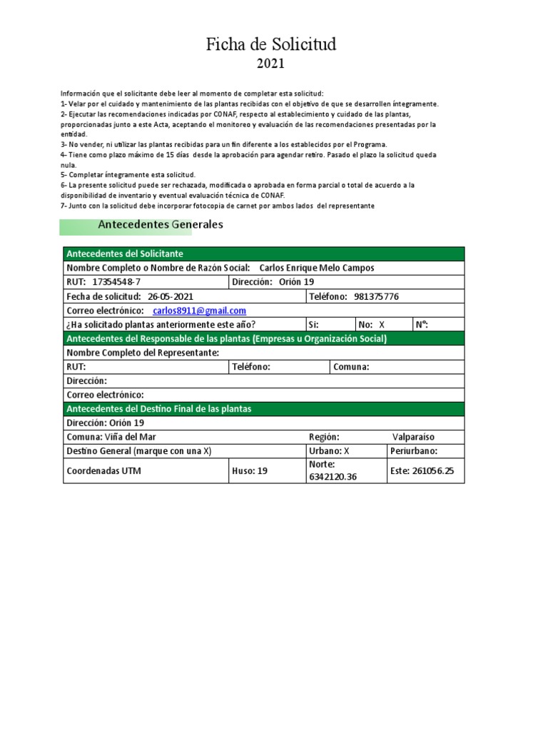 Ficha de Solicitud CONAF | PDF