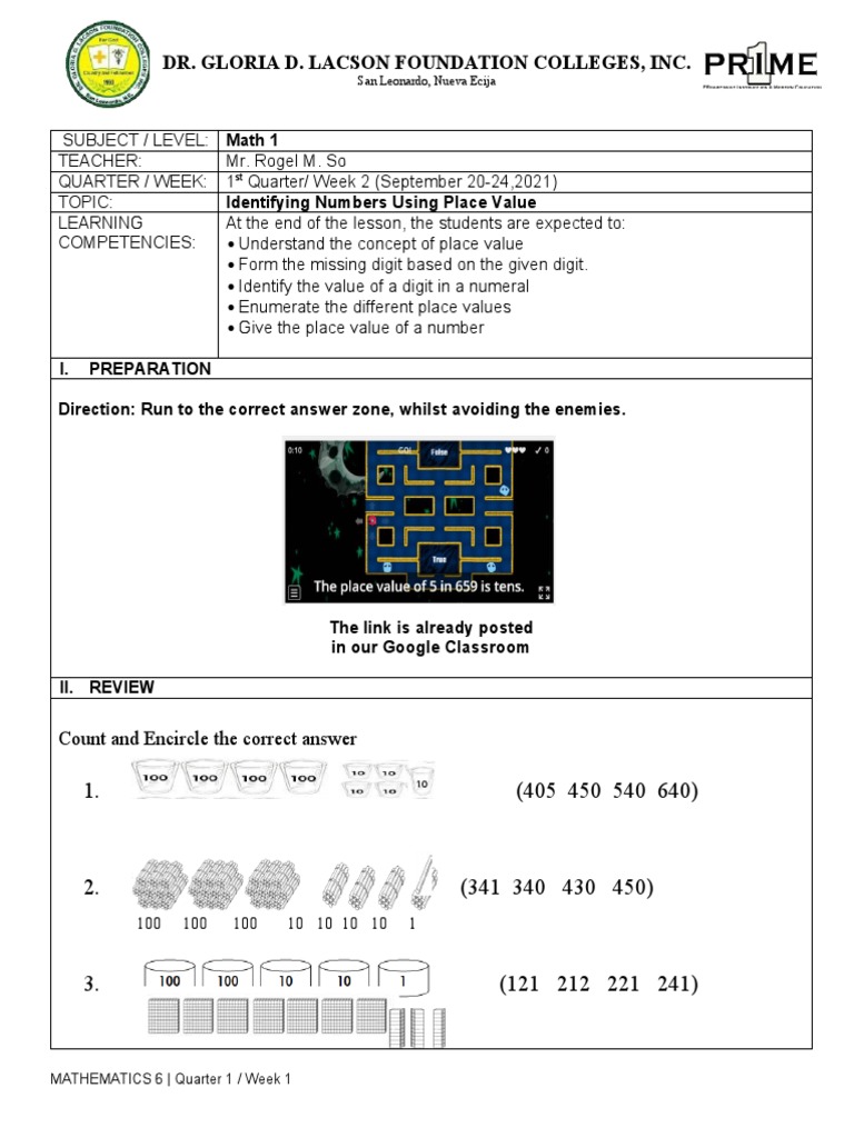 MATH 1 MODULE QUARTER1 WEEK 2 - Identifying Numbers Using Place Value ...