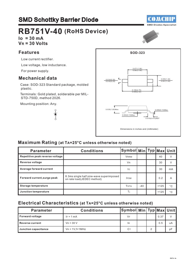 RB751V-40 SMD Schottky Diode Datasheet | PDF | Diode | Electronics