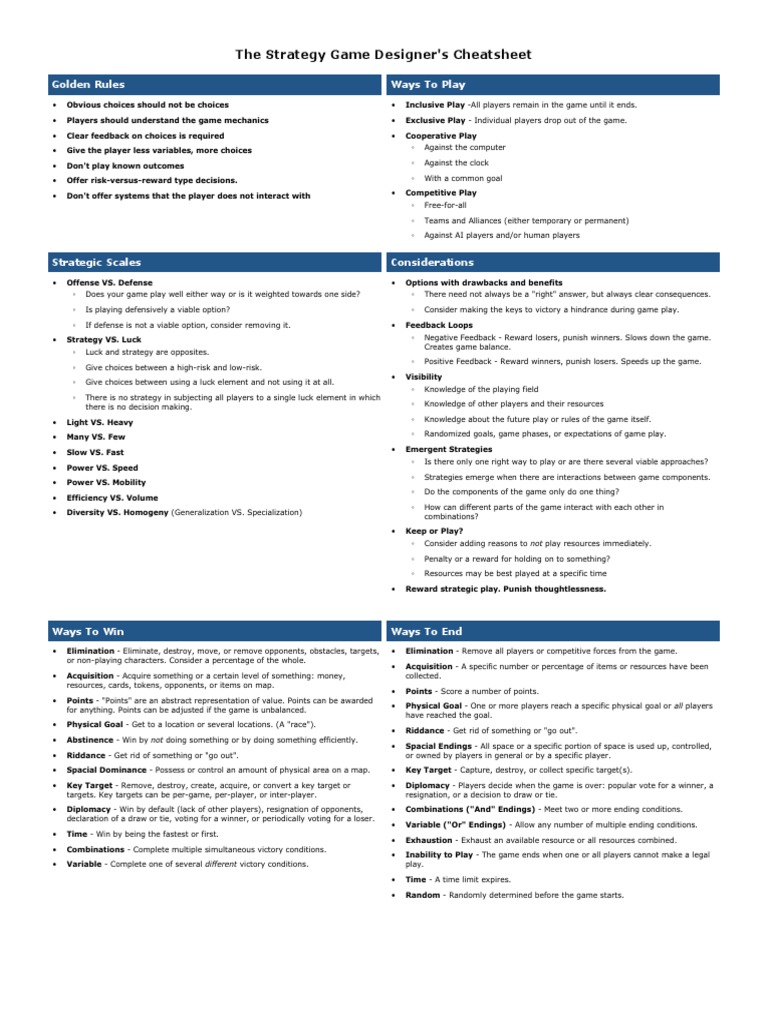 Strategy Game Design Cheat Sheet | PDF | Cognition | Cognitive Science