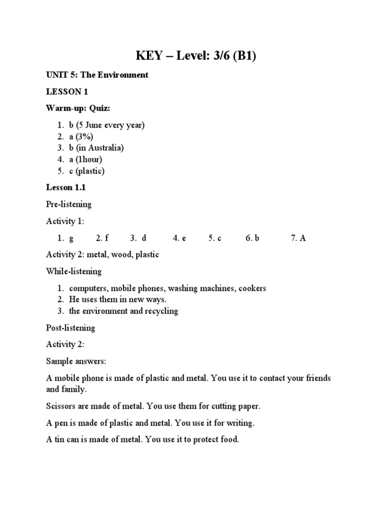 KEY - Level: 3/6 (B1) : UNIT 5: The Environment Lesson 1 Warm-Up: Quiz ...