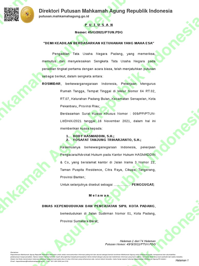 Putusan 45 G 2021 Ptun - PDG 20220321 | PDF