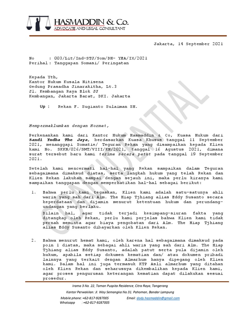 Sandi - Tanggapan Somasi 1 - Draft Rev 1 - 20120813-Sent | PDF