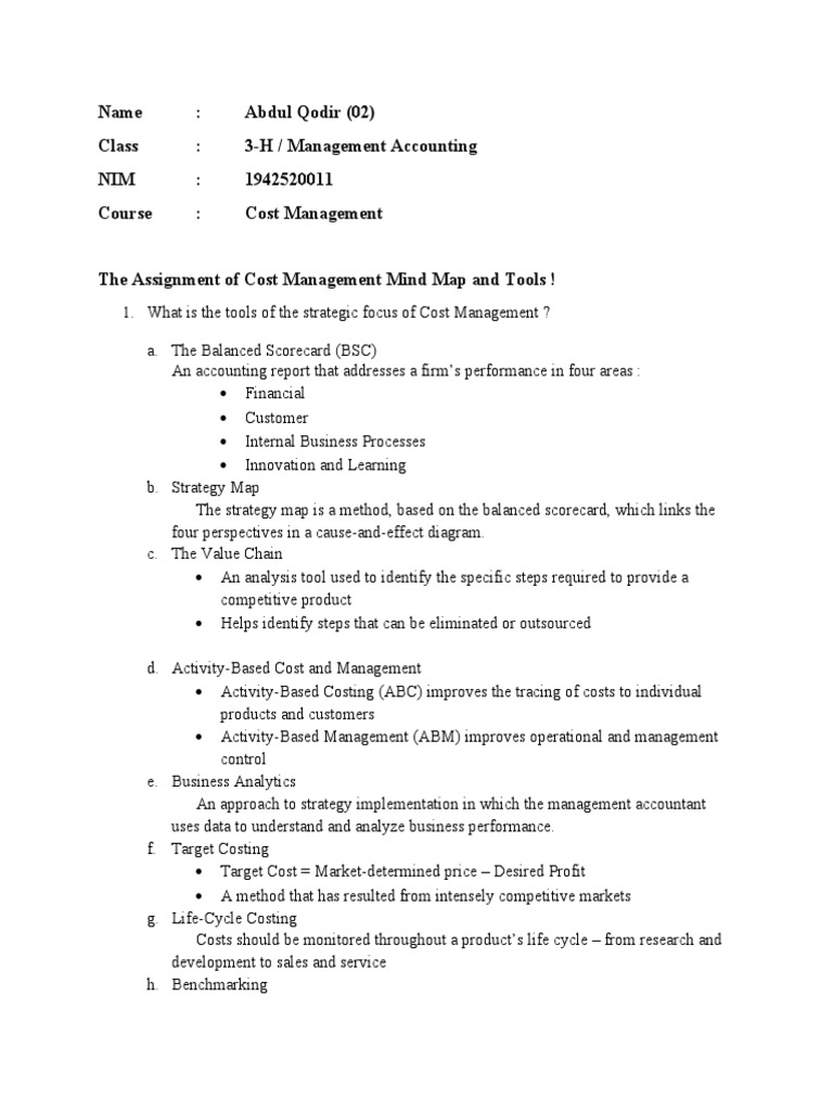 Cost Management Tools and Strategies: A Mind Map and Analysis by Abdul ...