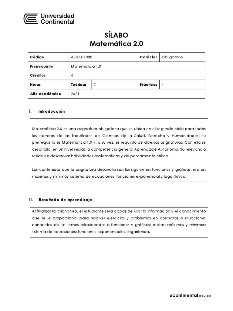 Silabo Matematica 2.0 | PDF | Ecuaciones | Funcion exponencial