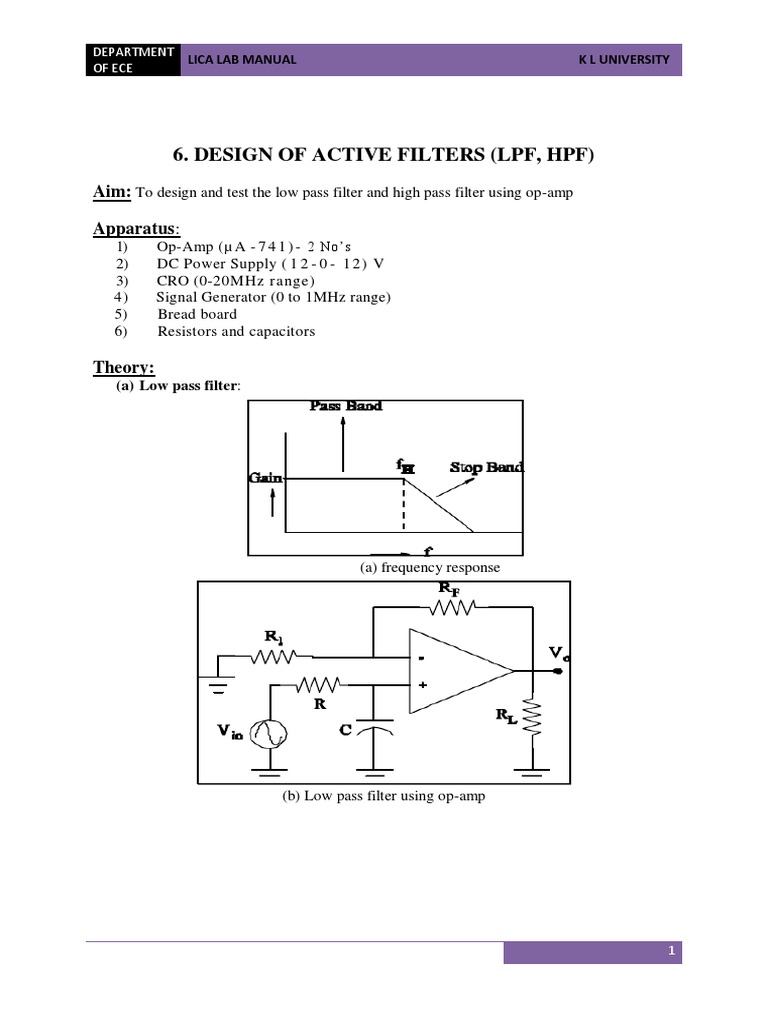 Design of Active Filters (LPF, HPF) : Aim: Apparatus | PDF | Low Pass ...