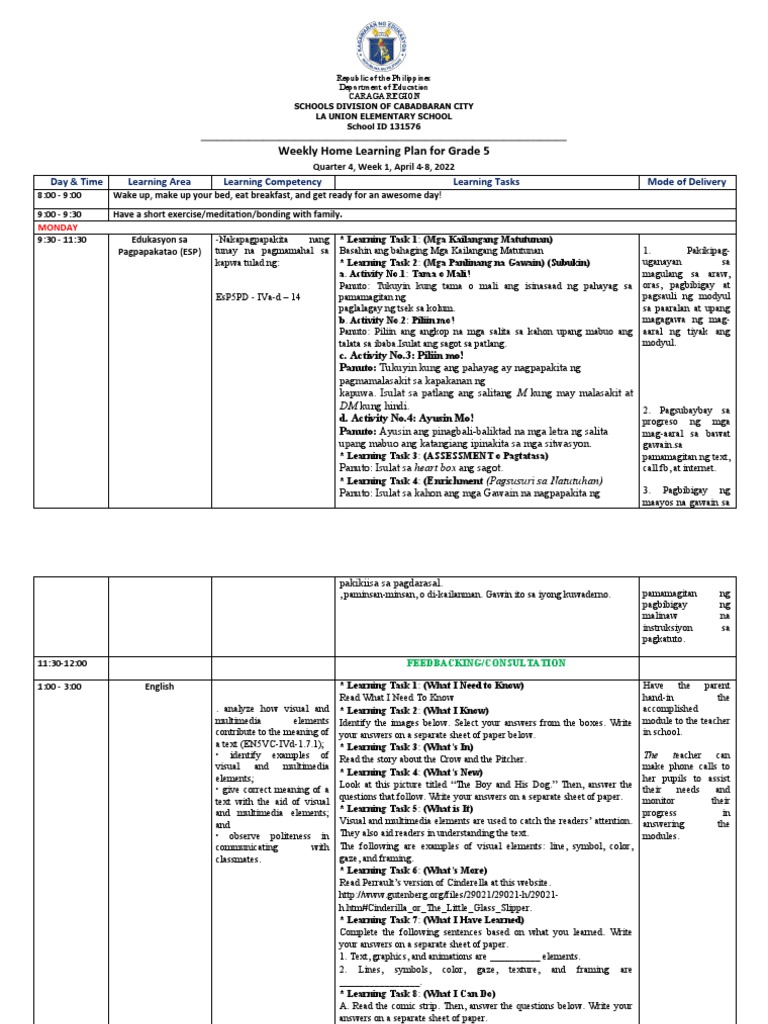 WHLP Grade 5 Q4 W1 All Subjects | PDF