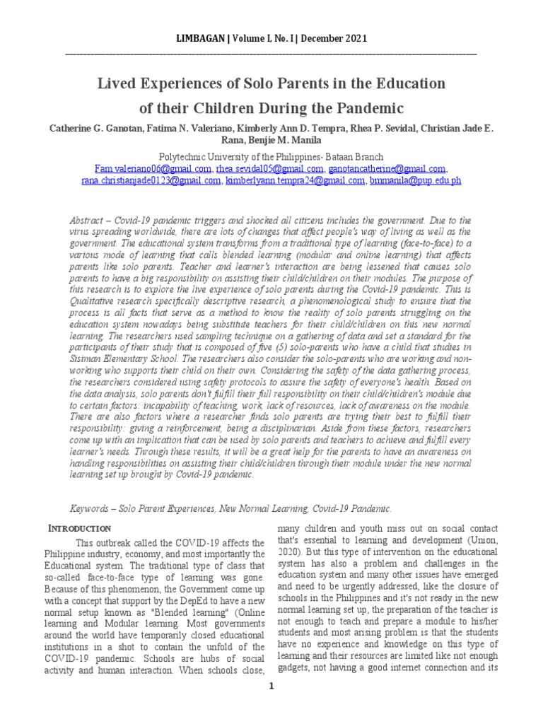Solo Parents' Challenges in Education During Pandemic | PDF | Learning ...