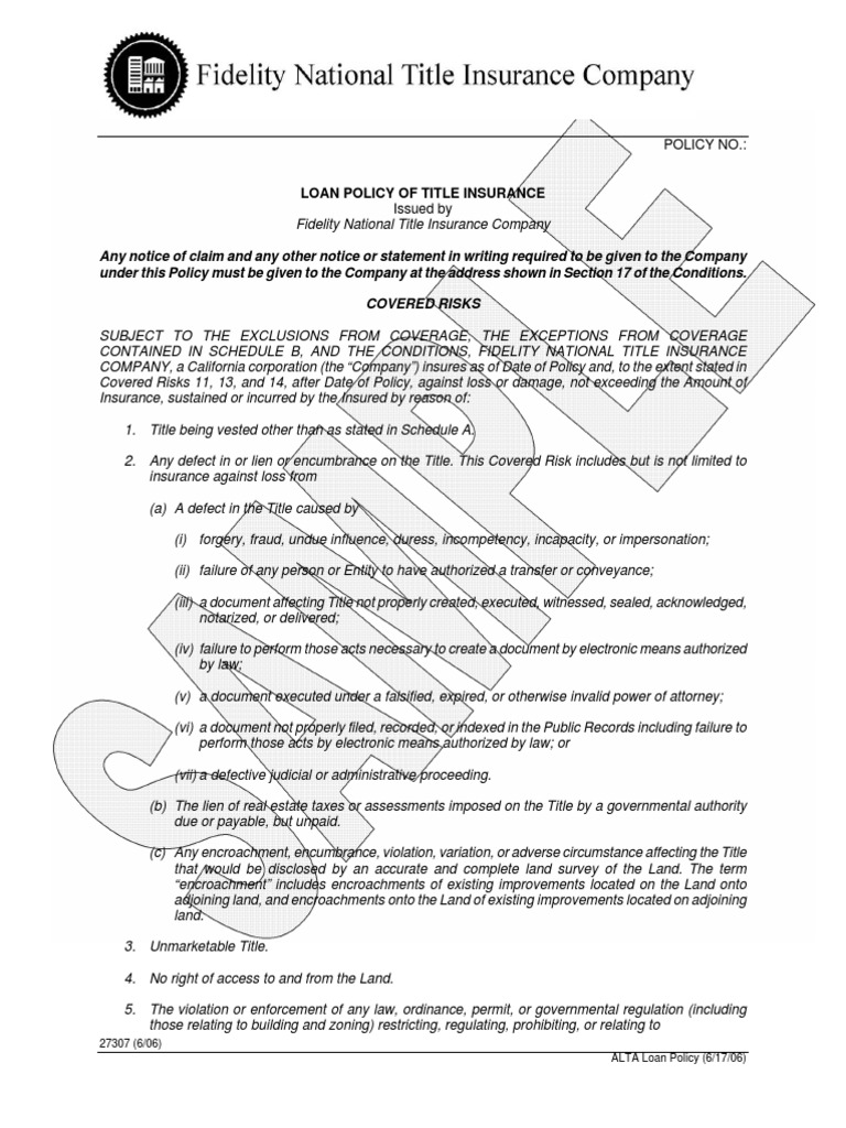 Fidelity 2006 Alta Lenders Policy - Sample | Liability Insurance ...