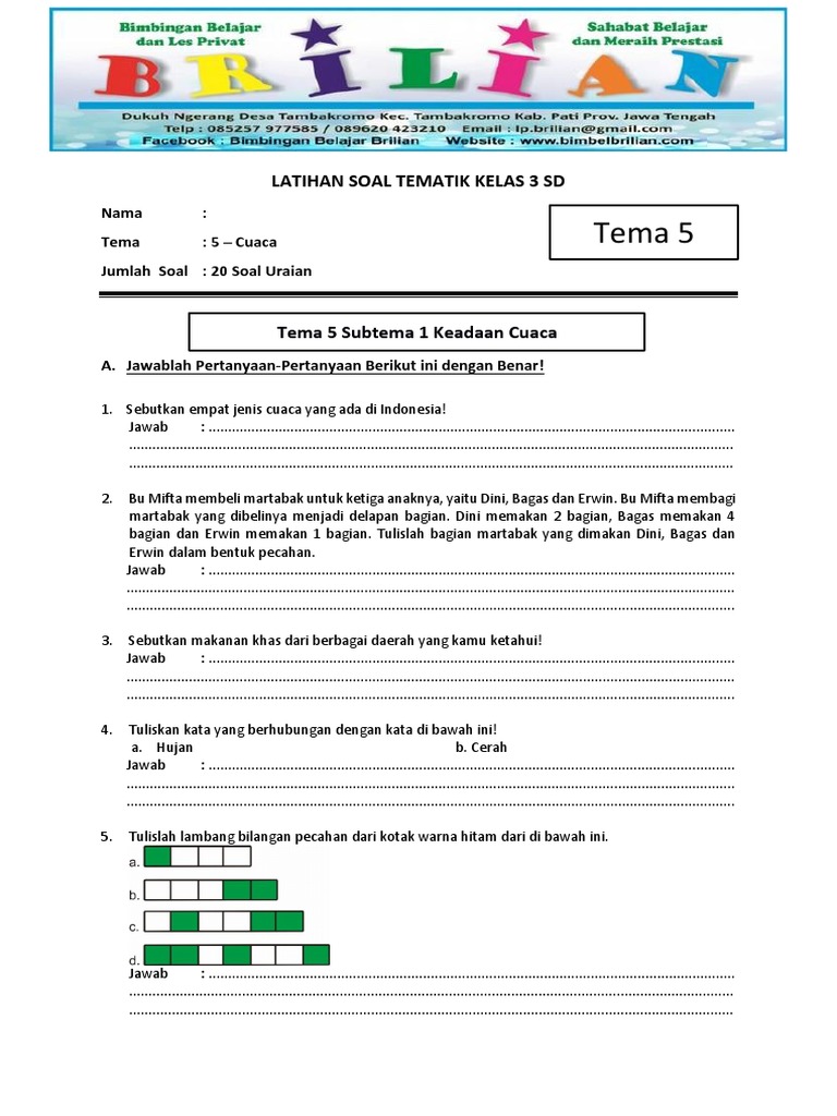 Soal Uraian Kelas 3 SD Tema 5 Cuaca | PDF