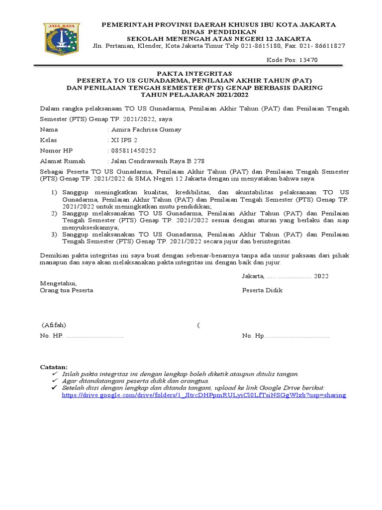 4 - Amira Fachrisa Gumay - Pakta Integritas Peserta Didik To Us-Pat Xii Dan Pts Genap X, Xi Tp ...
