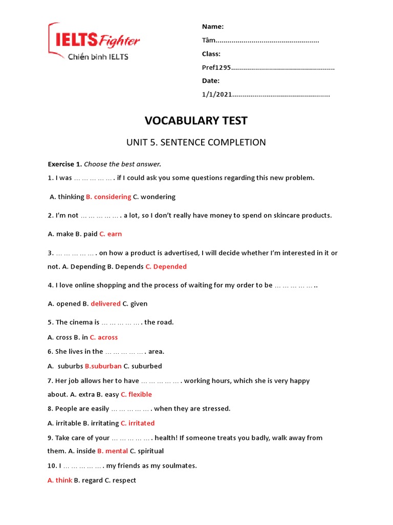VOCAB TEST 5. UNIT 5. Sentence Completion | PDF | Cognitive Science ...